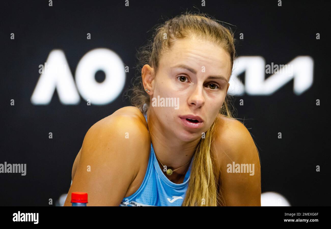 Magda Linette of Poland talks to the media after the fourth round of ...