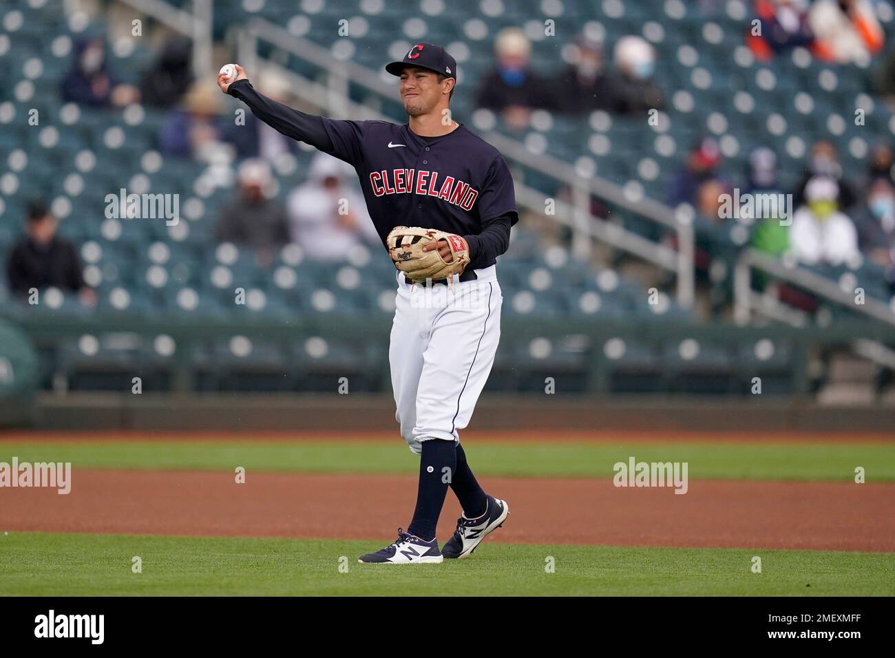 Cleveland Indians' Tyler Freeman warms up prior to a spring training ...