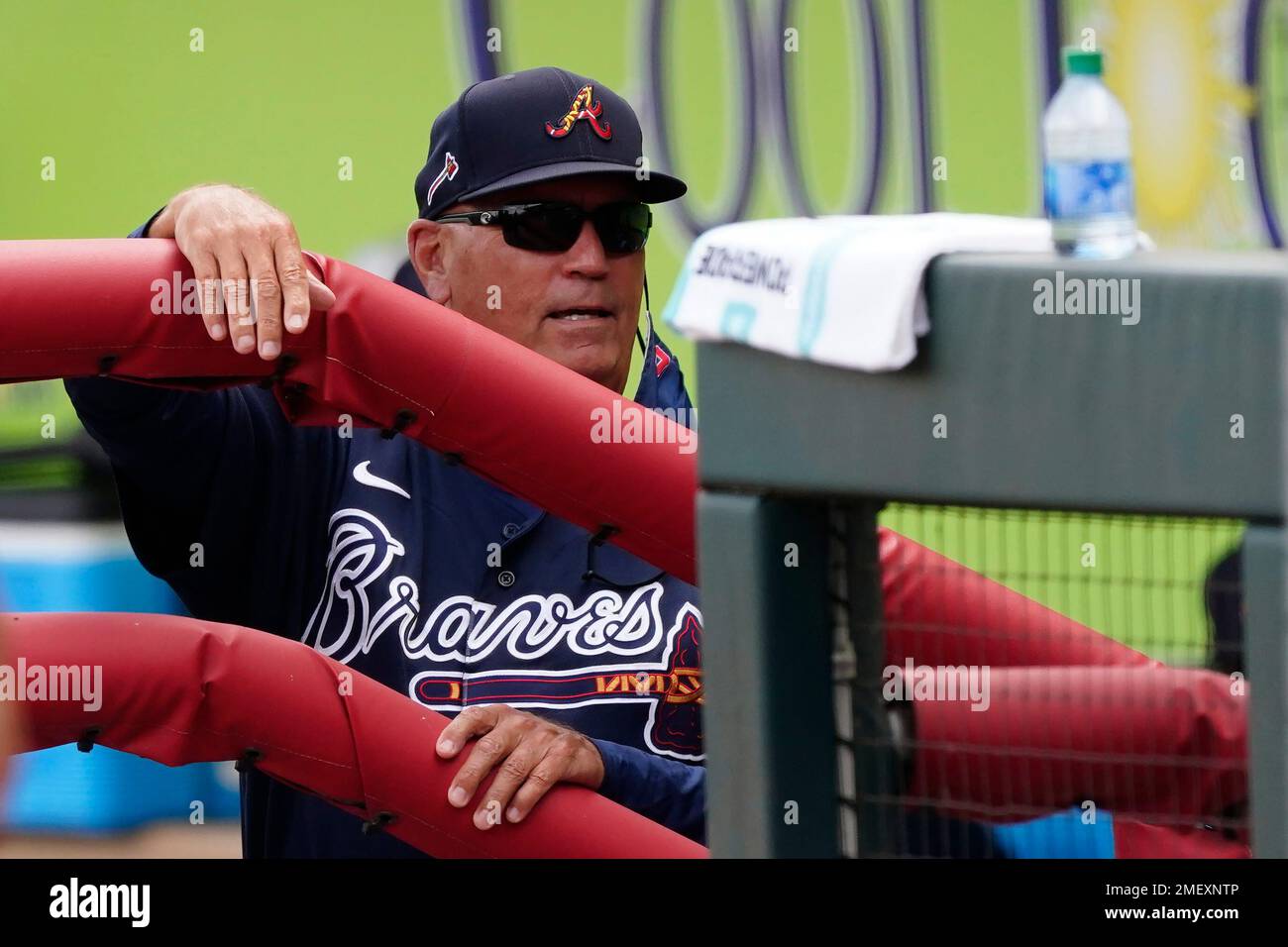 Atlanta Braves manger Brian Snitker is shown in the dugout before a ...