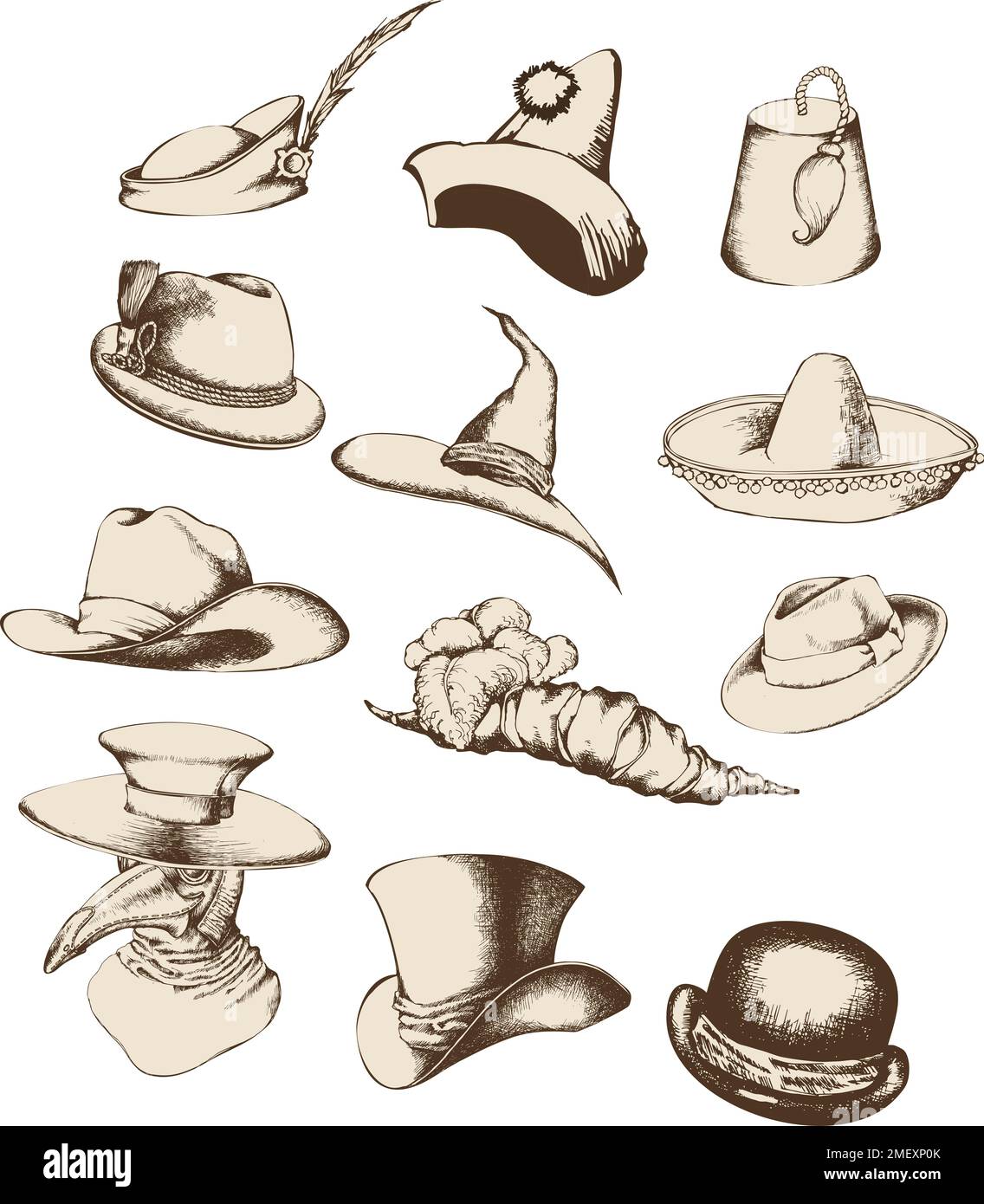 Set of different hats: top hat, medieval hats, cowboy hat, Tyrolean hat ...