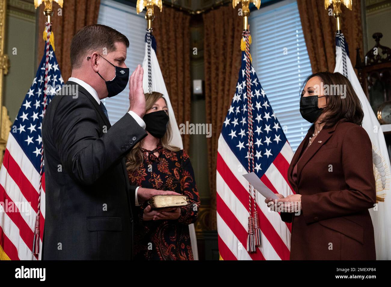Vice President Kamala Harris, right, speaks during a ceremonial ...