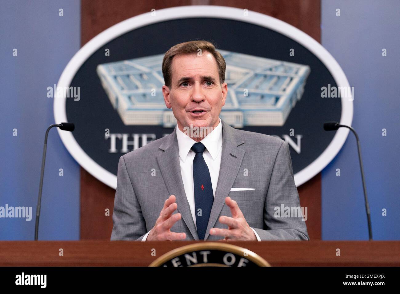 Pentagon spokesman John Kirby speaks during a media briefing at the ...