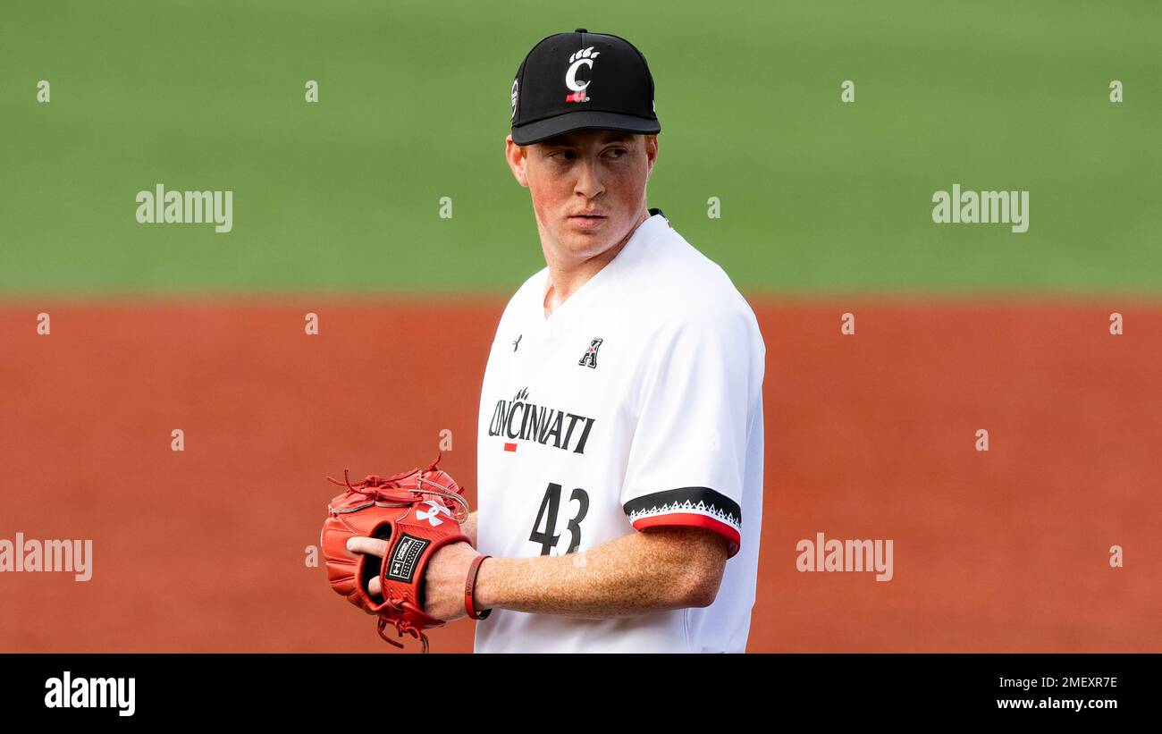 Zach Segal (43) of Cincinnati prepares to deliver a pitch during an ...