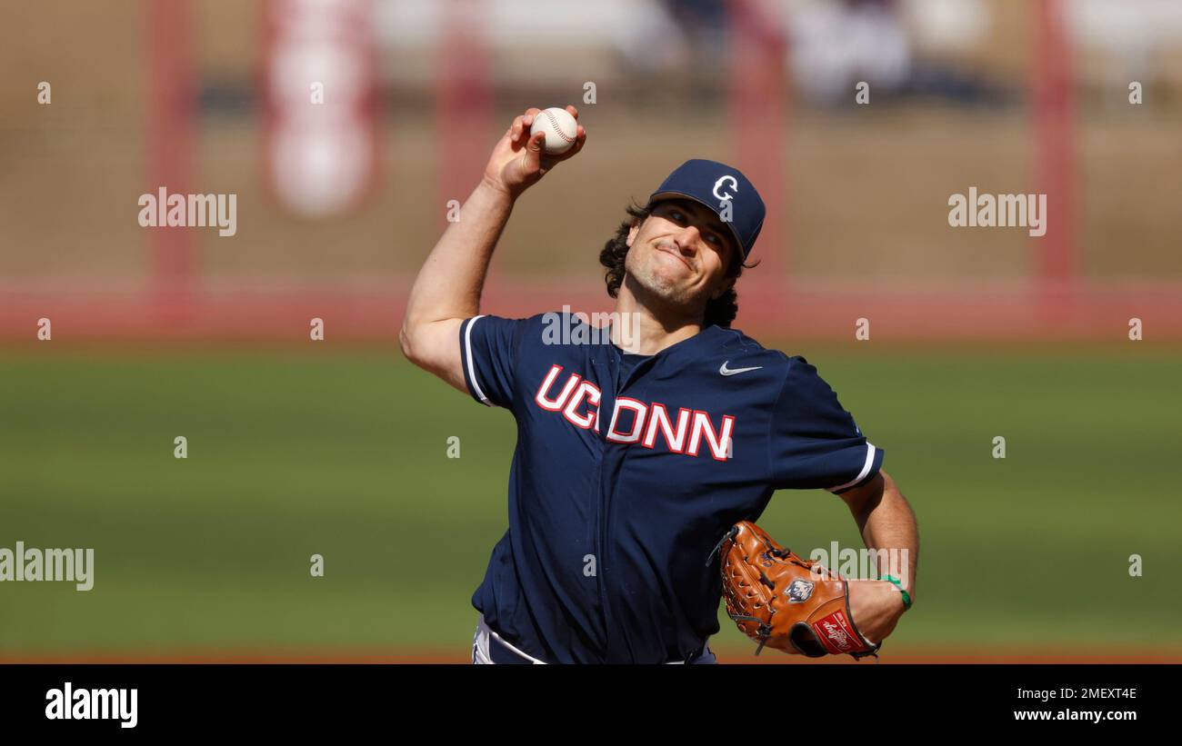 UConn pitcher Joe Simeone throws against St. Joseph's during an NCAA ...