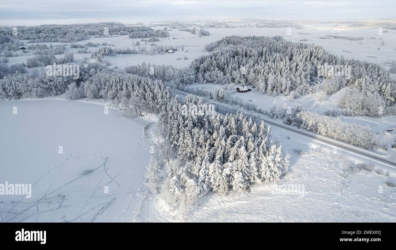 Beautiful aerial view of snow covered pine forests and a road among ...