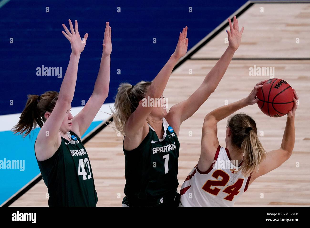 Iowa State guard Ashley Joens (24) is pressured by Michigan State ...