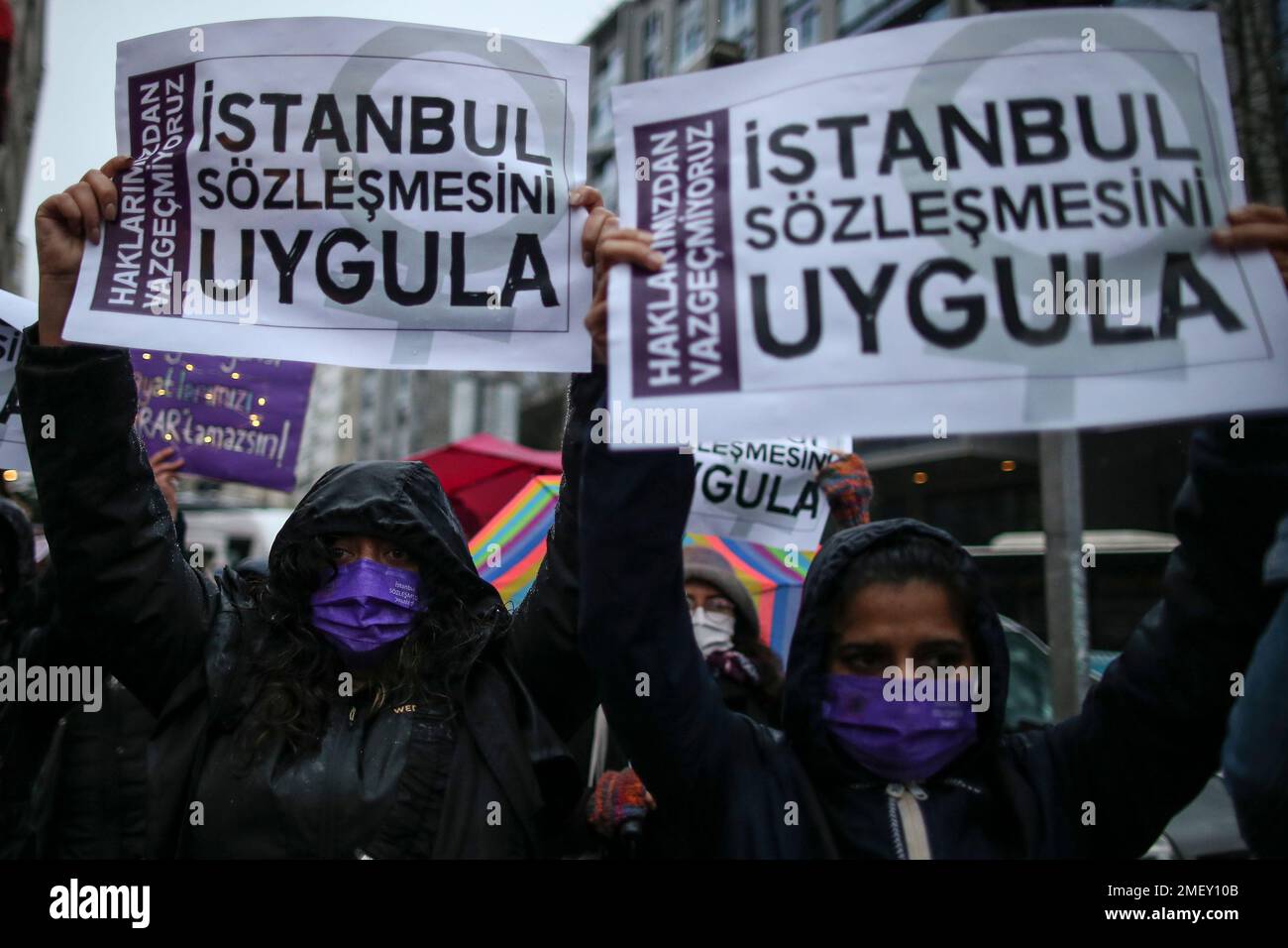 Protesters hold placards that read in Turkish: 'Implement Istanbul ...