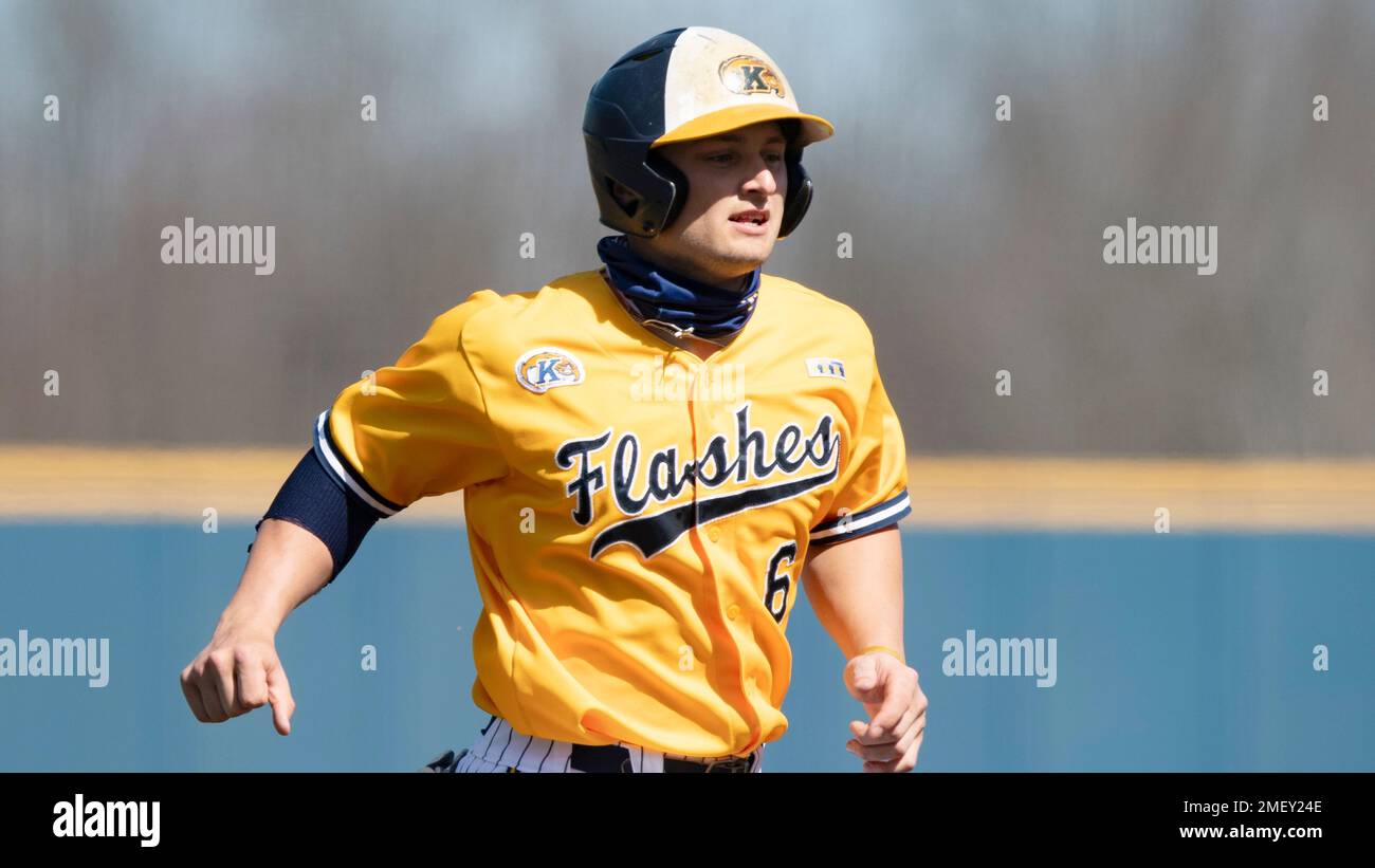 Justin Miknis (6) of Kent State runs the bases during an NCAA baseball ...
