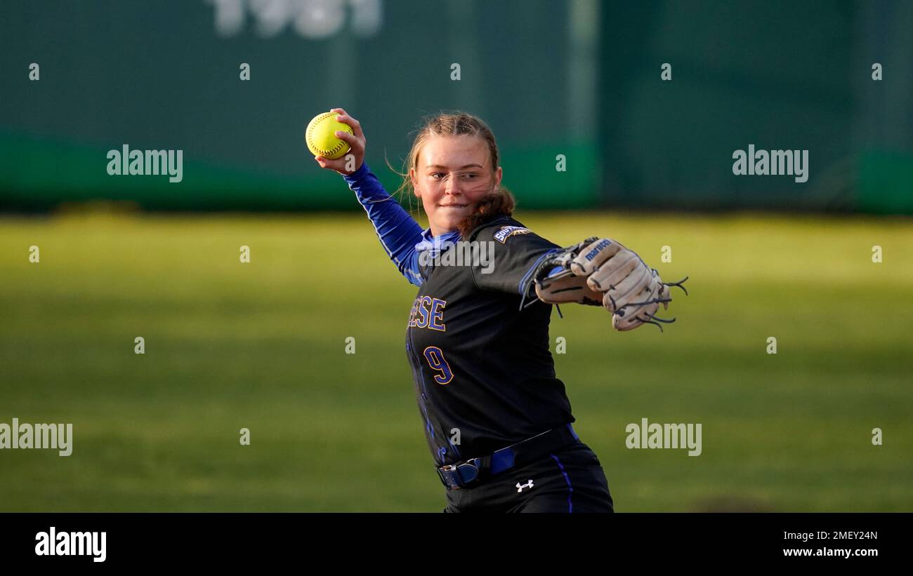 McNeese infielder Caleigh Cross (9) throws the ball to first base ...