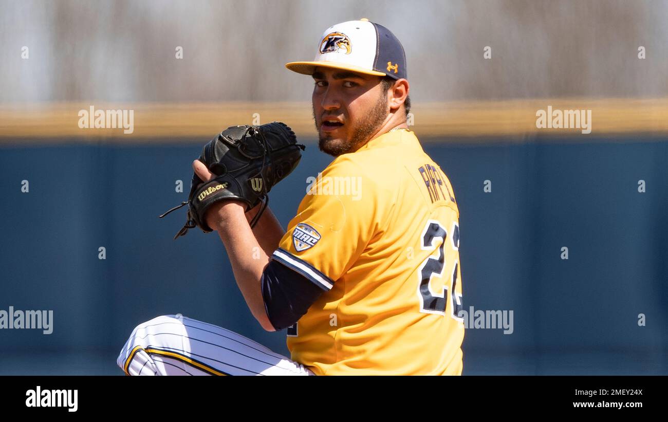 Max Rippl (22) of Kent State prepares to deliver a pitch during an NCAA ...