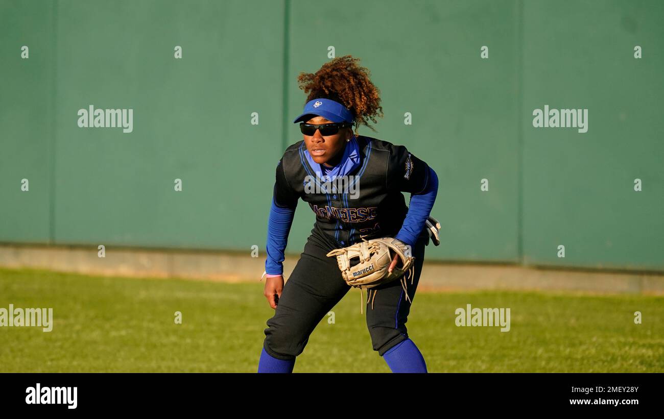 McNeese outfielder Jil Poullard (21) watches the pitch during an NCAA ...