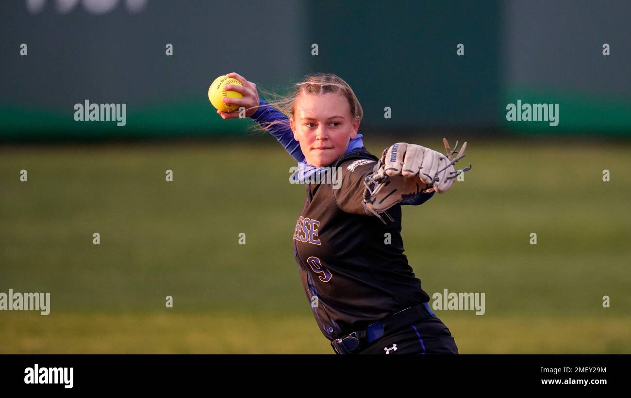 McNeese infielder Caleigh Cross (9) throws the ball to first base ...