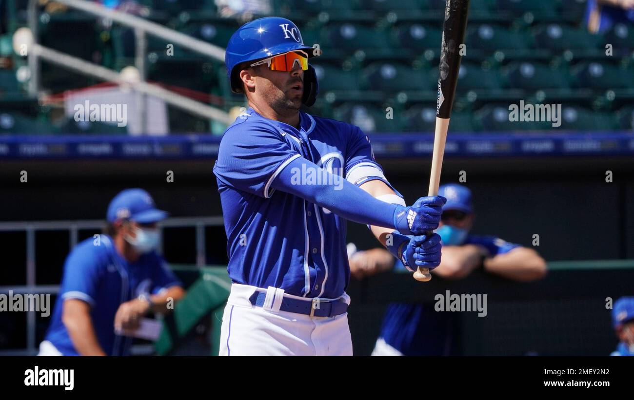 Kansas City Royals' Whit Merrifield bats during a spring training ...