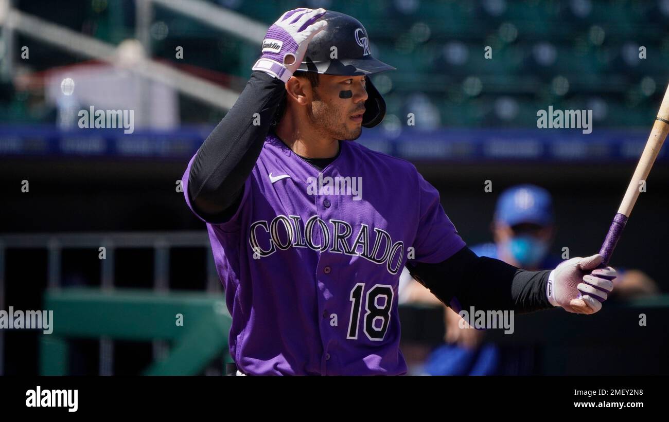 Colorado Rockies' Connor Joe bats during a spring training baseball ...