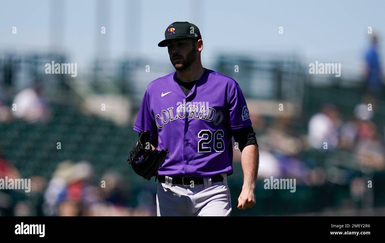 Colorado Rockies starting pitcher Austin Gomber (26) stands near the ...