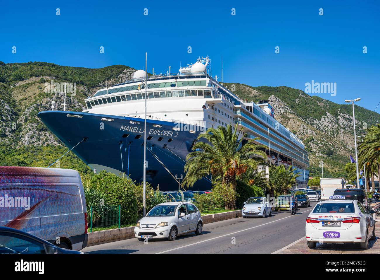 Cruise ship Marella Explorer 2 tied up in Port of Kotor on Kotor Bay in ...