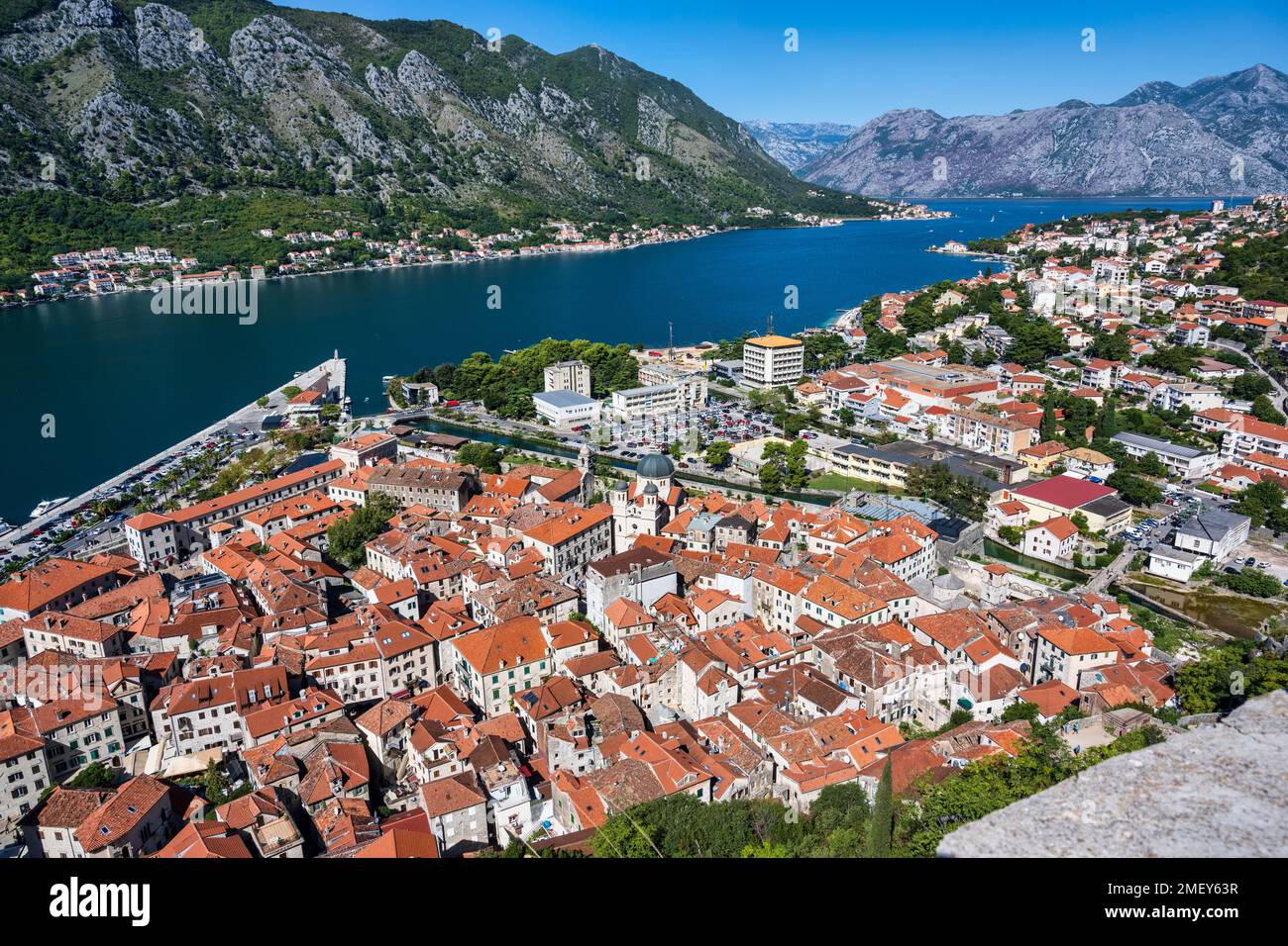 Aerial view of the fortified town of Kotor on the Bay of Kotor in ...