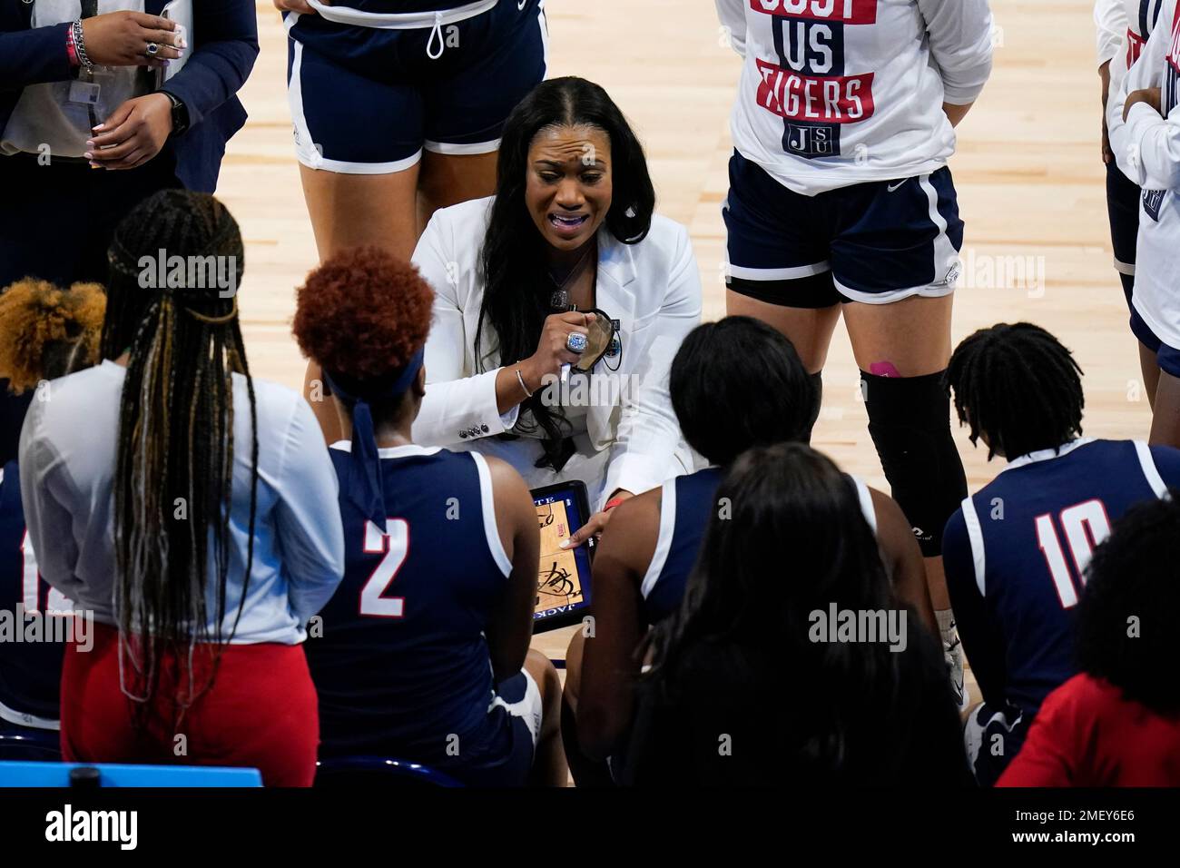 Jackson State head coach Tomekia Reed talks to her team during a ...