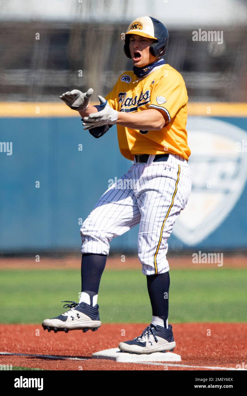 Justin Miknis (6) of Kent State reacts during an NCAA baseball game ...