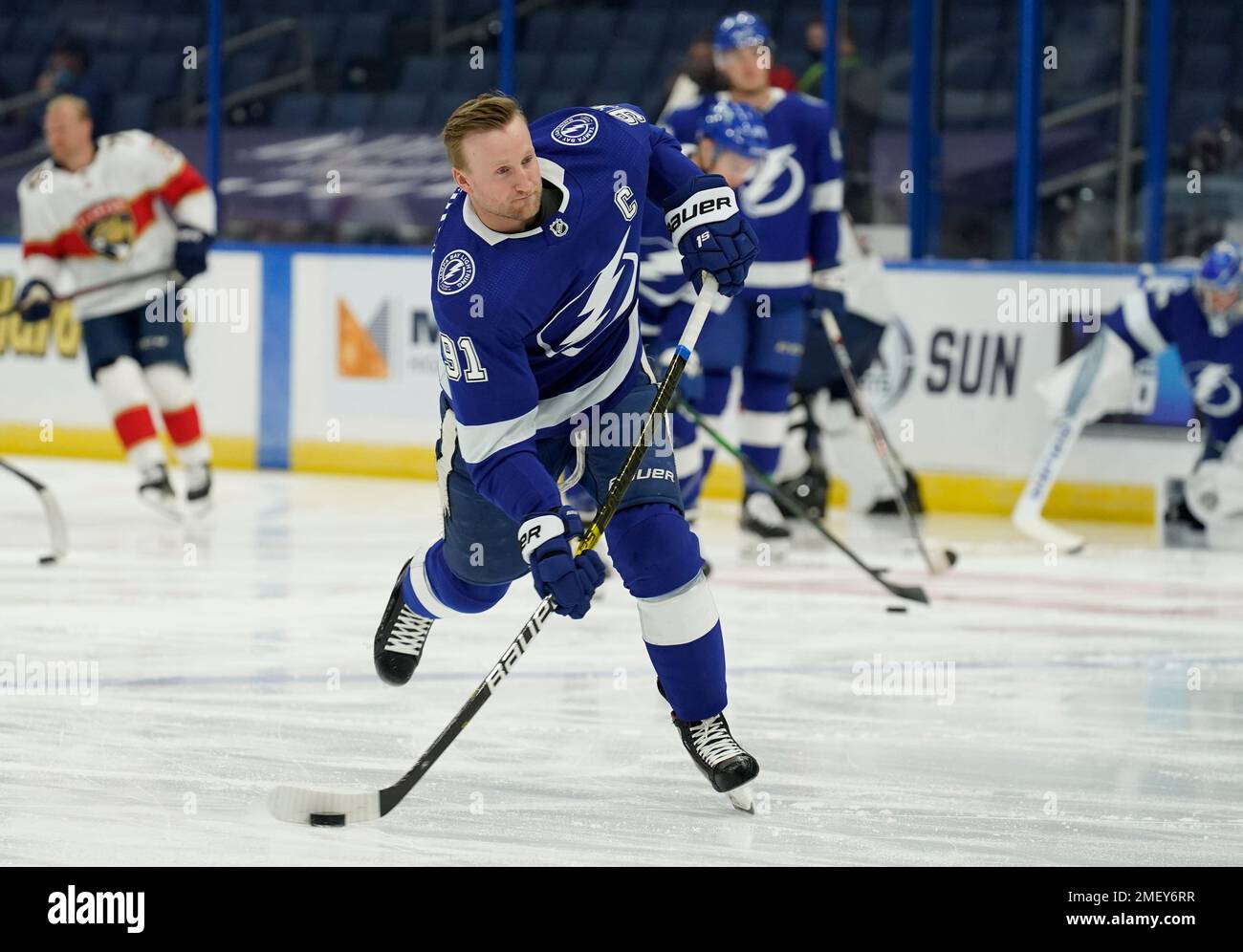 Tampa Bay Lightning center Steven Stamkos (91) before an NHL hockey ...