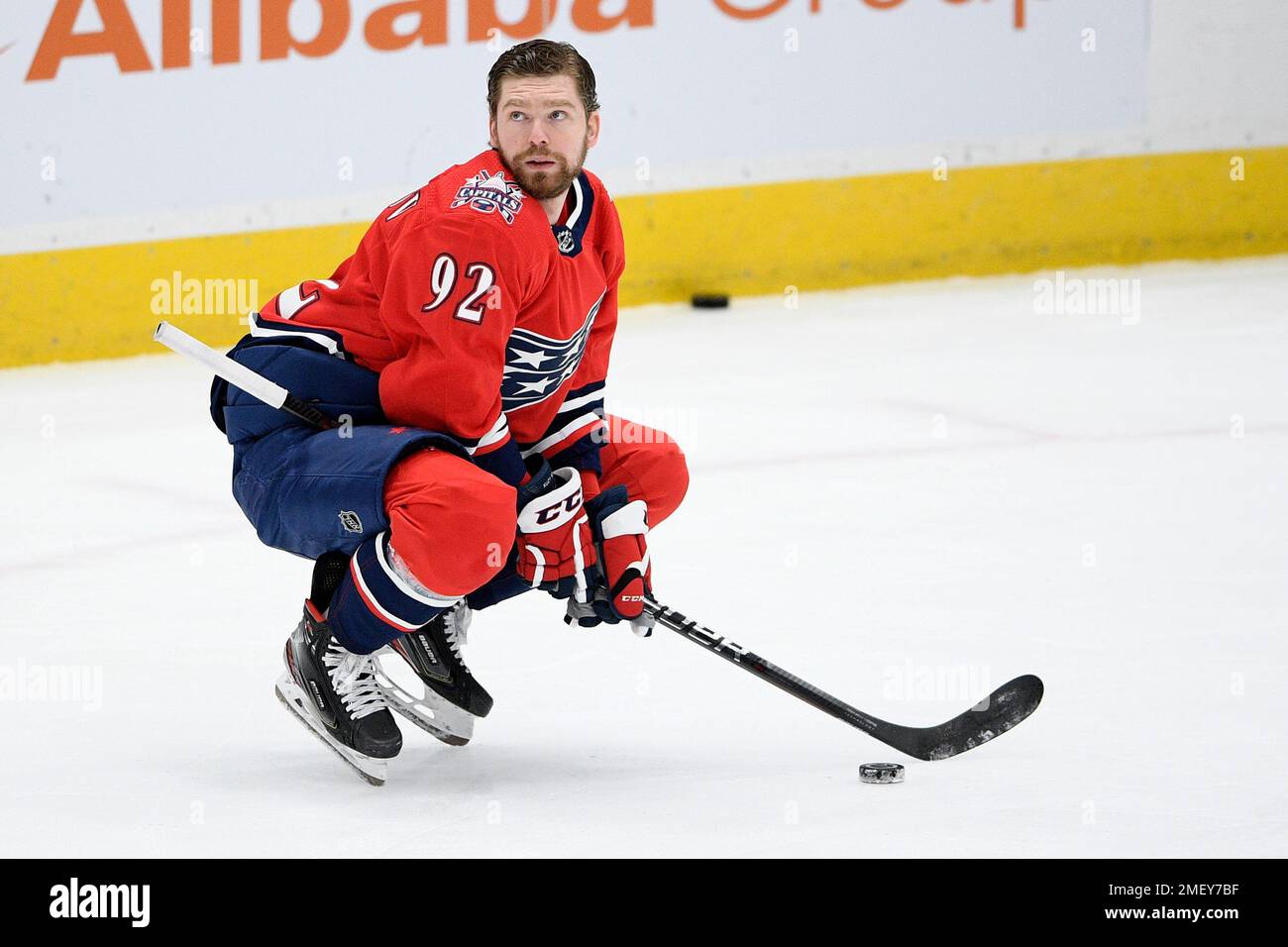 Washington Capitals center Evgeny Kuznetsov (92) warms up before an NHL ...
