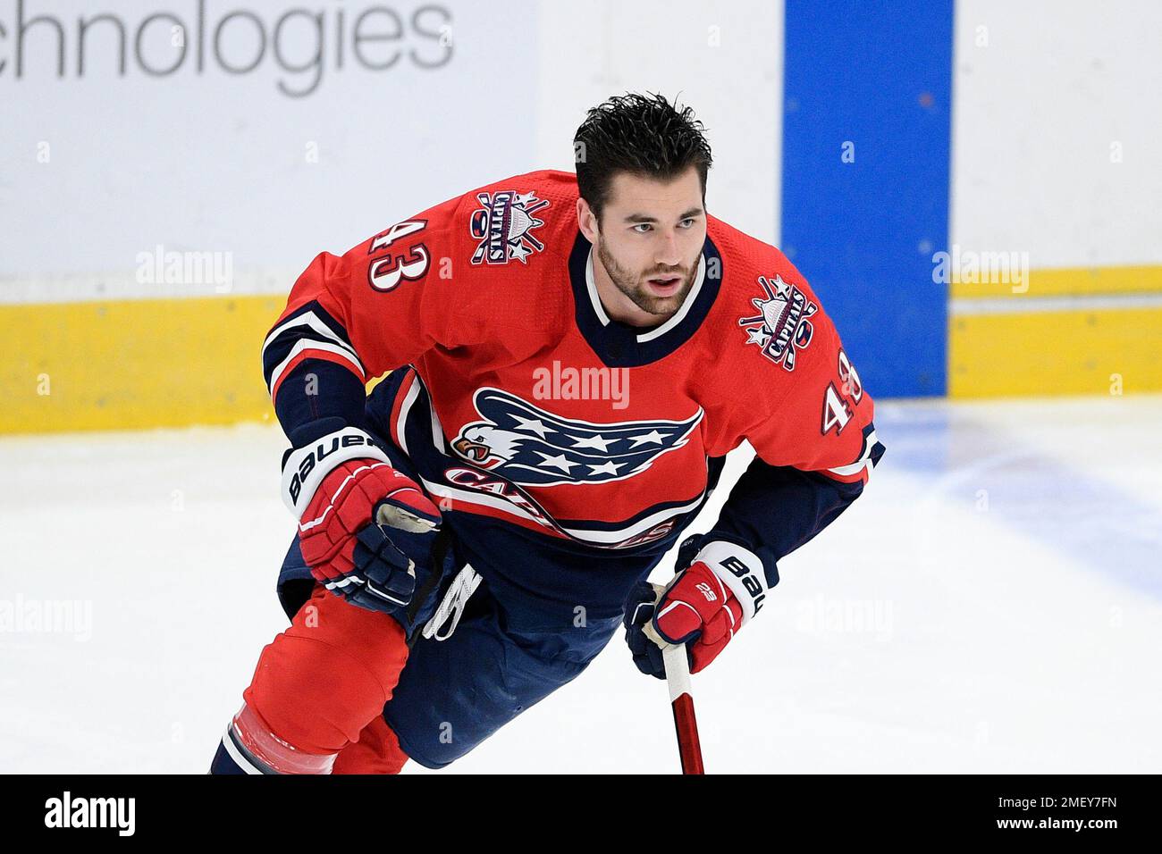Washington Capitals right wing Tom Wilson (43) warms up before an NHL ...