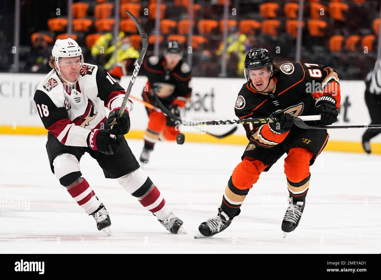 Anaheim Ducks' Rickard Rakell, right, hits the puck as Arizona Coyotes ...