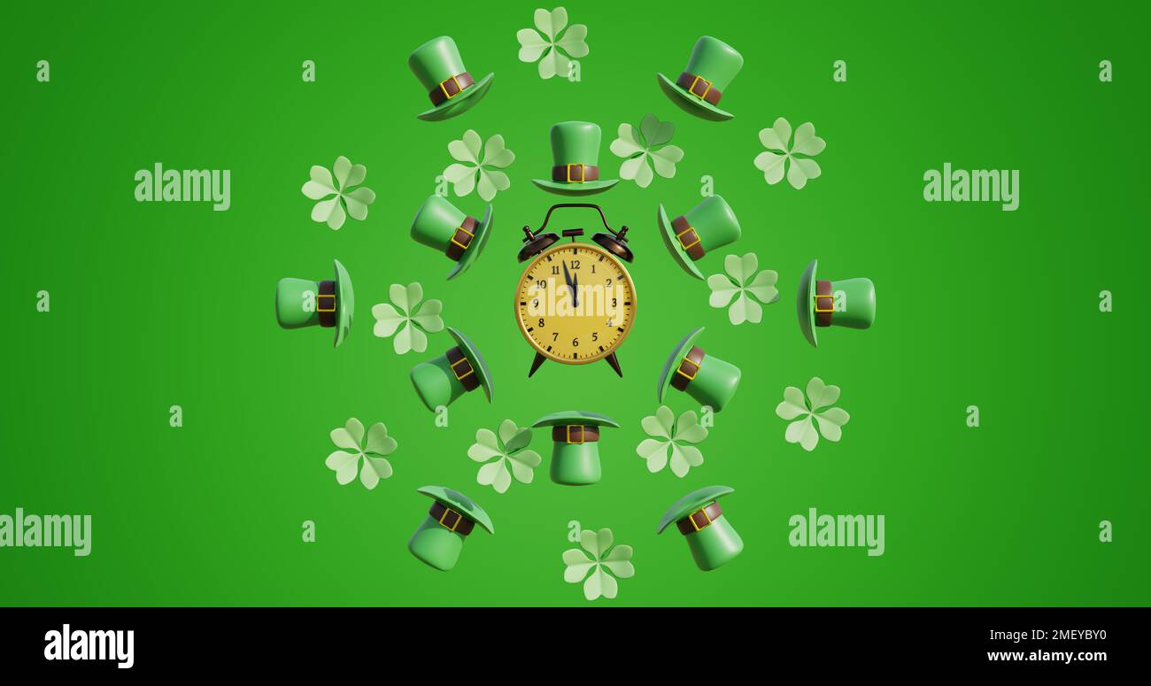 Patrick day. Alarm clock surrounded by a four leaf clover and a ...