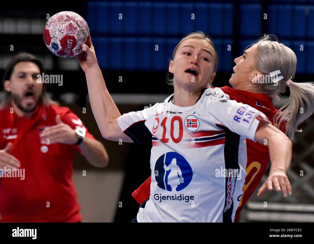 Norway's Stine Bredal Oftedal, front, tries to score during the women's ...