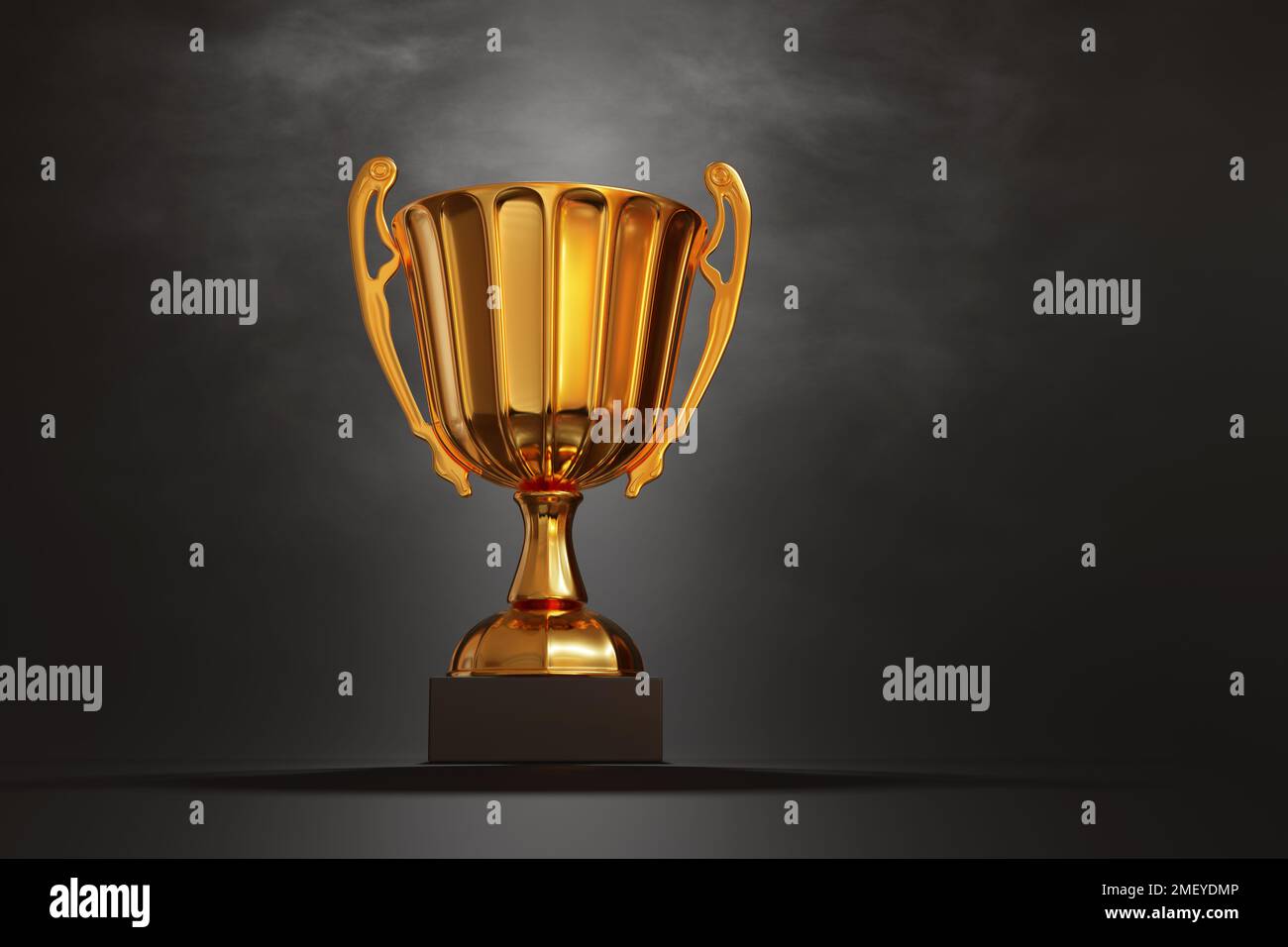 Golden trophy on misty dark background. Illustration of the concept of ...