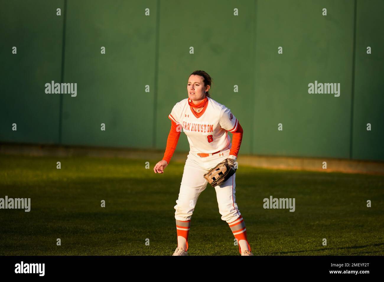 Sam Houston State outfielder Brooklyn Devine (8) watches the pitch ...