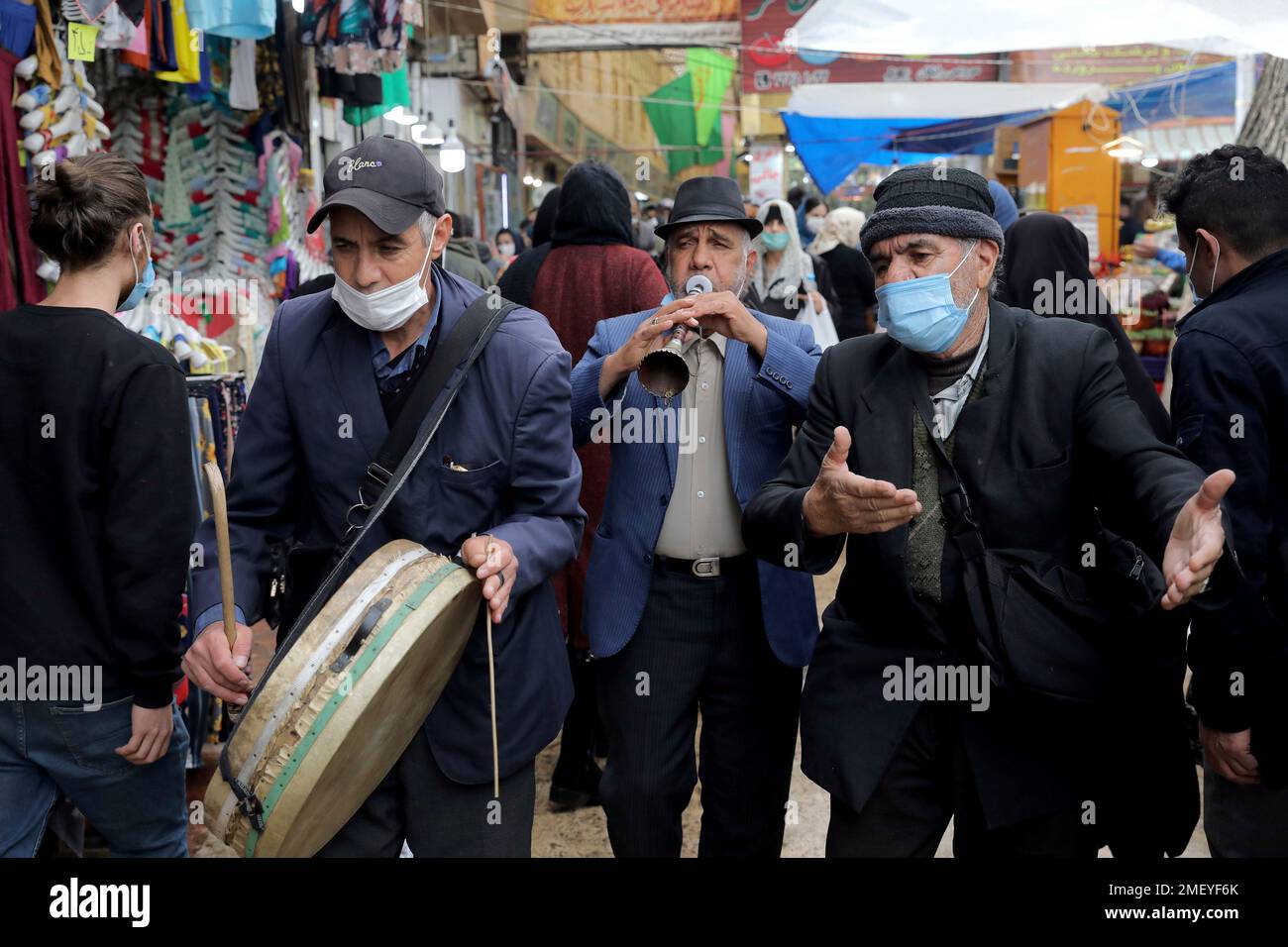 Performers play folklore music welcoming Persian New Year, or Nowruz ...