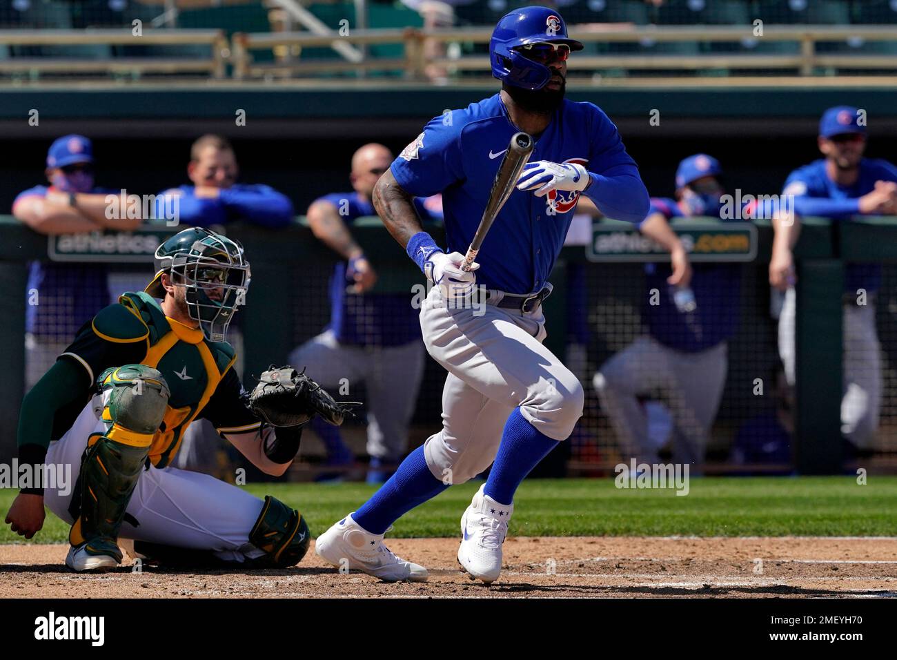 Chicago Cubs' Jason Heyward follows through on a double during the ...