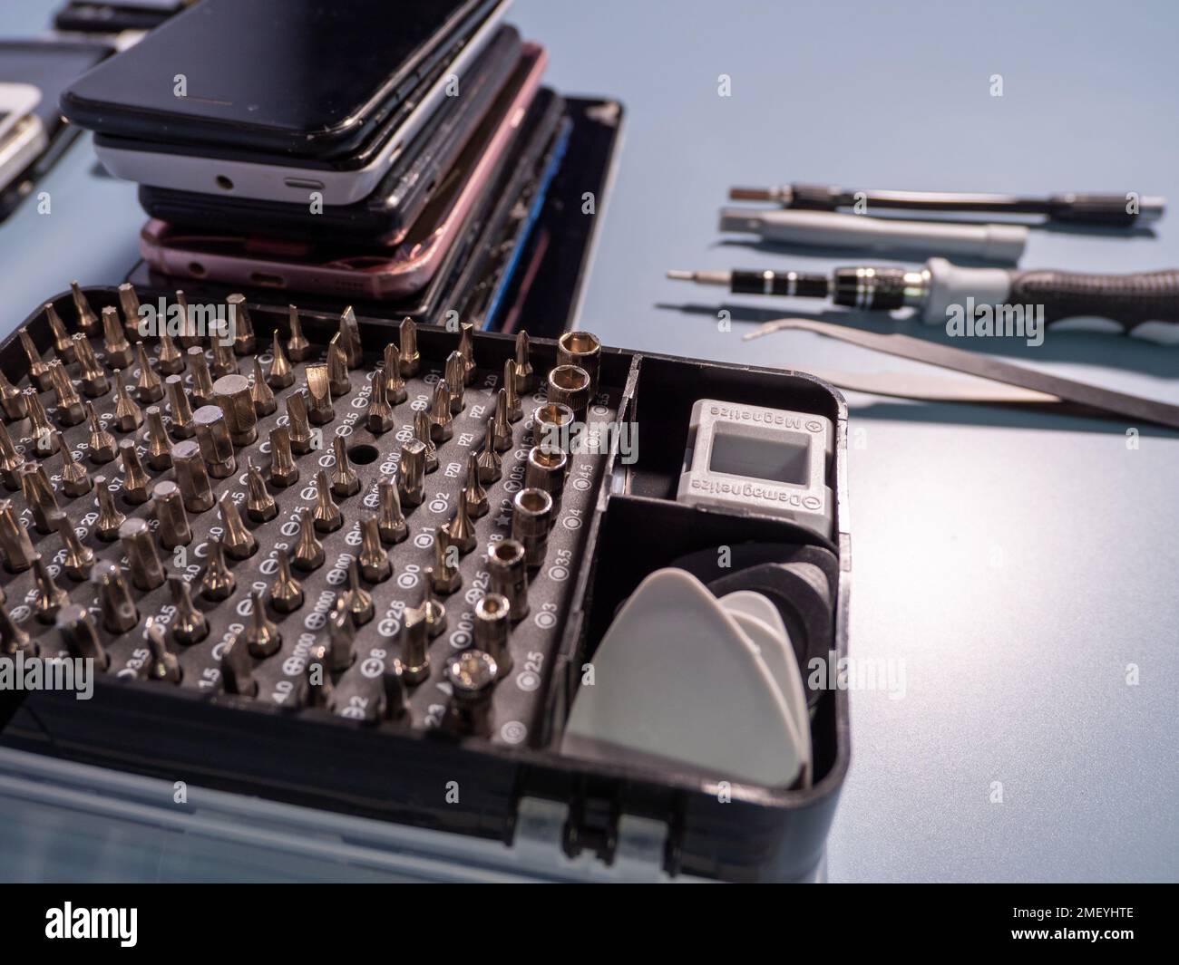 Old broken smartphone and repair tool. The concept of computer equipment, mobile phones ...