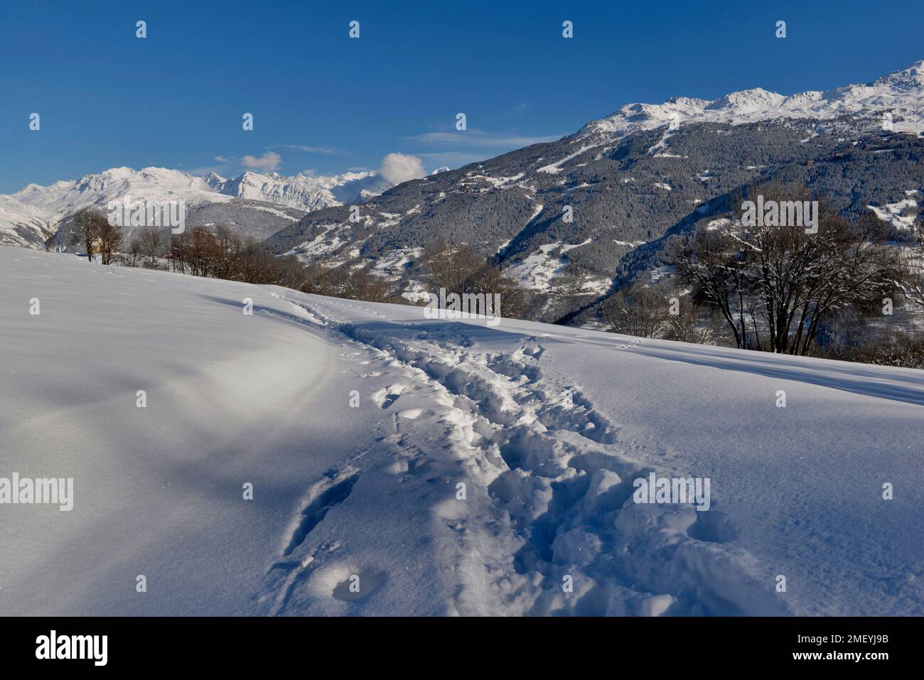 tracks on the snow from hikers with beautiful view on snowcapped ...