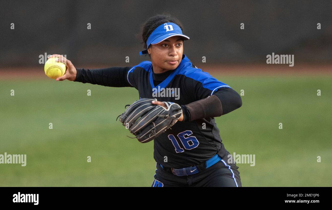 Duke's Deja Davis (16) makes a throw during an NCAA softball game on ...