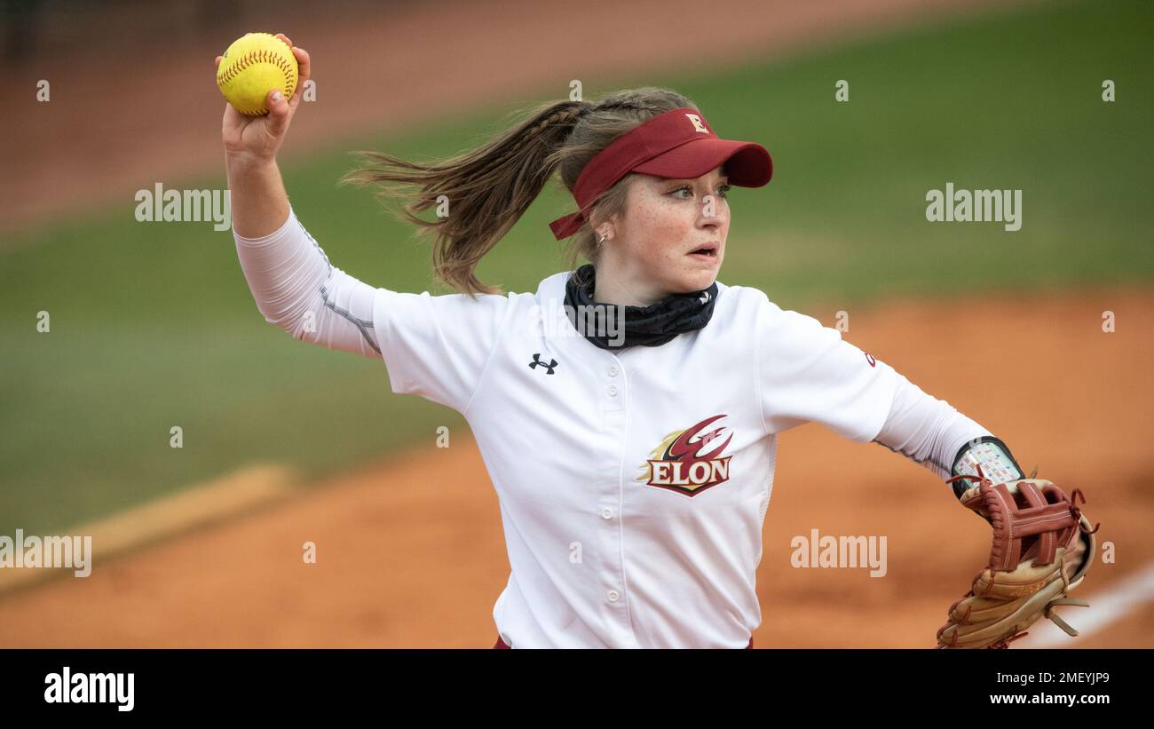 Elon's Gabi Schaal (9) makes a throw during an NCAA softball game on Wednesday, March 17, 2021 ...