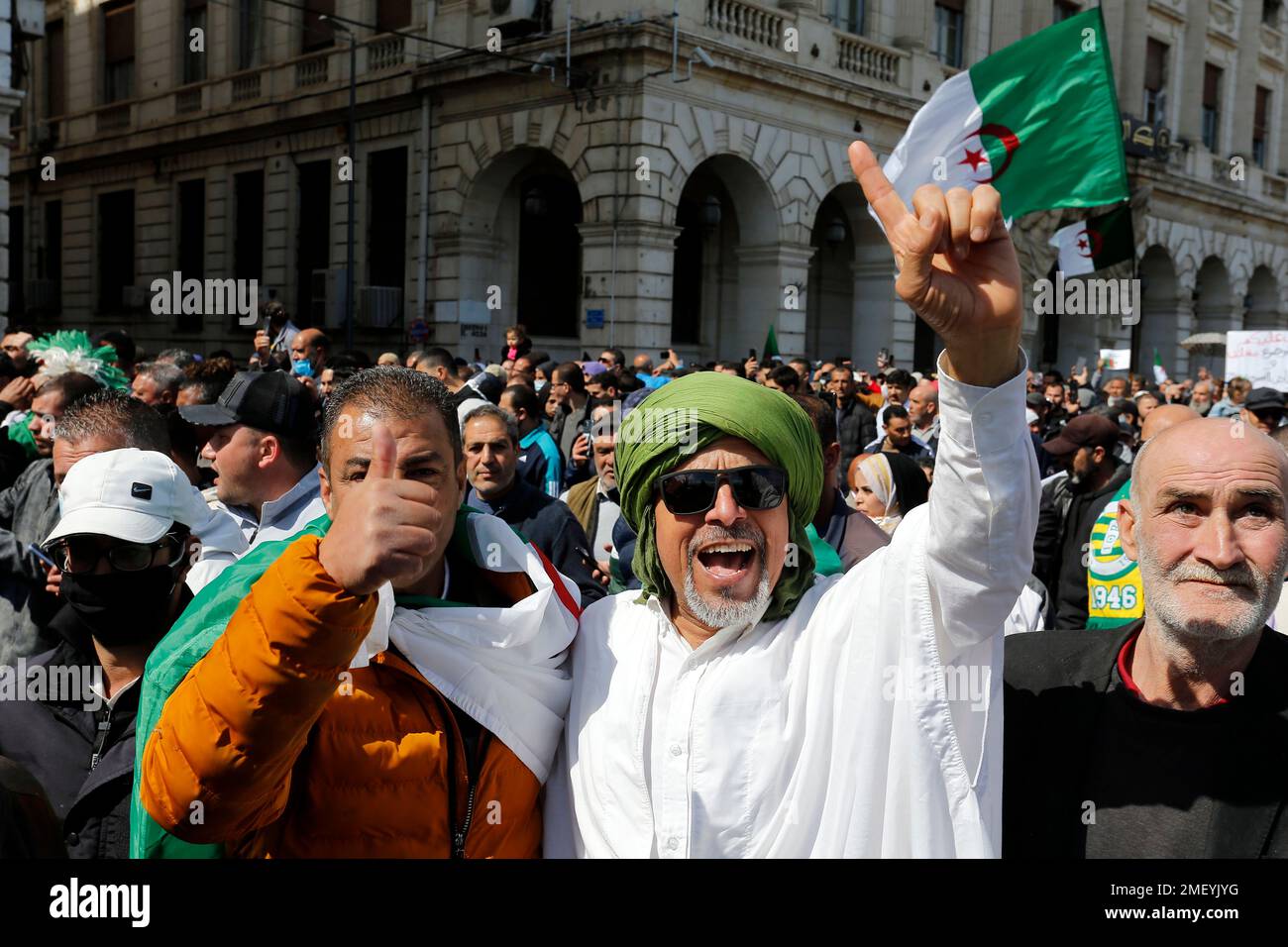 Algerians protesters gesture during their weekly pro-democracy ...