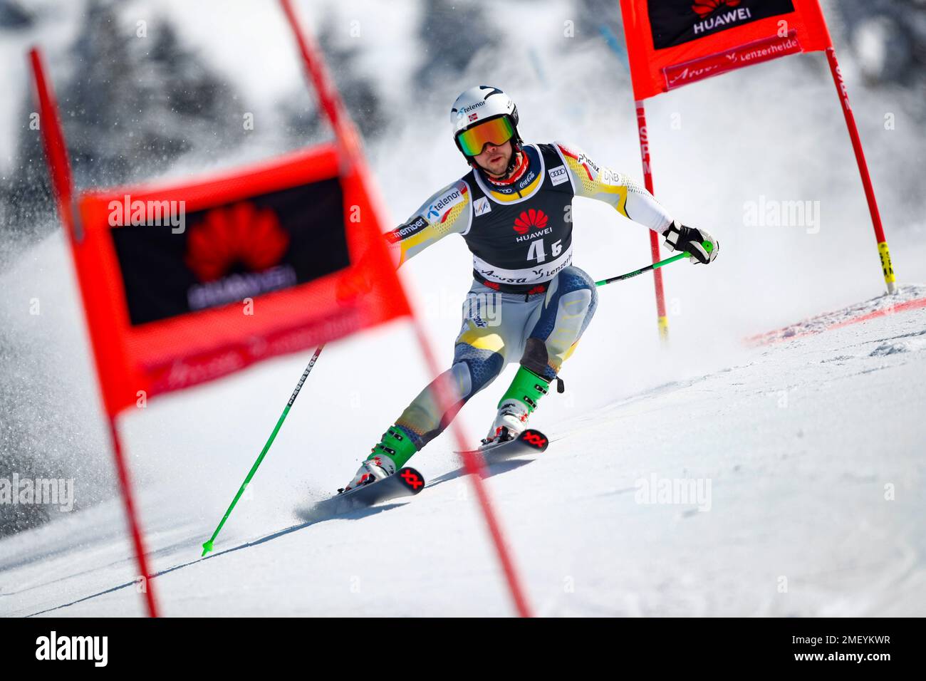 Norway's Sebastian Foss Solevaag speeds down the course during an alpine ski, mixed World Cup ...