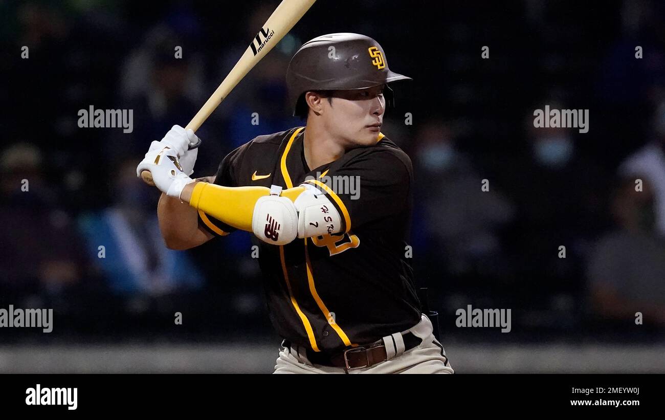 San Diego Padres' Haseong Kim bats during a spring training baseball ...