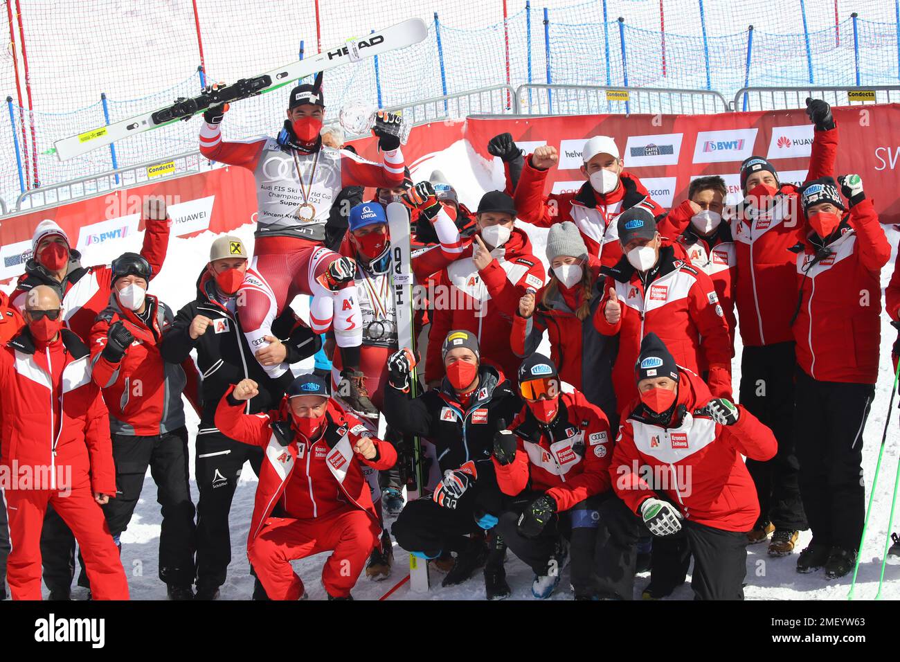Austria's Vincent Kriechmayr and Matthias Mayer pose with Austria team ...