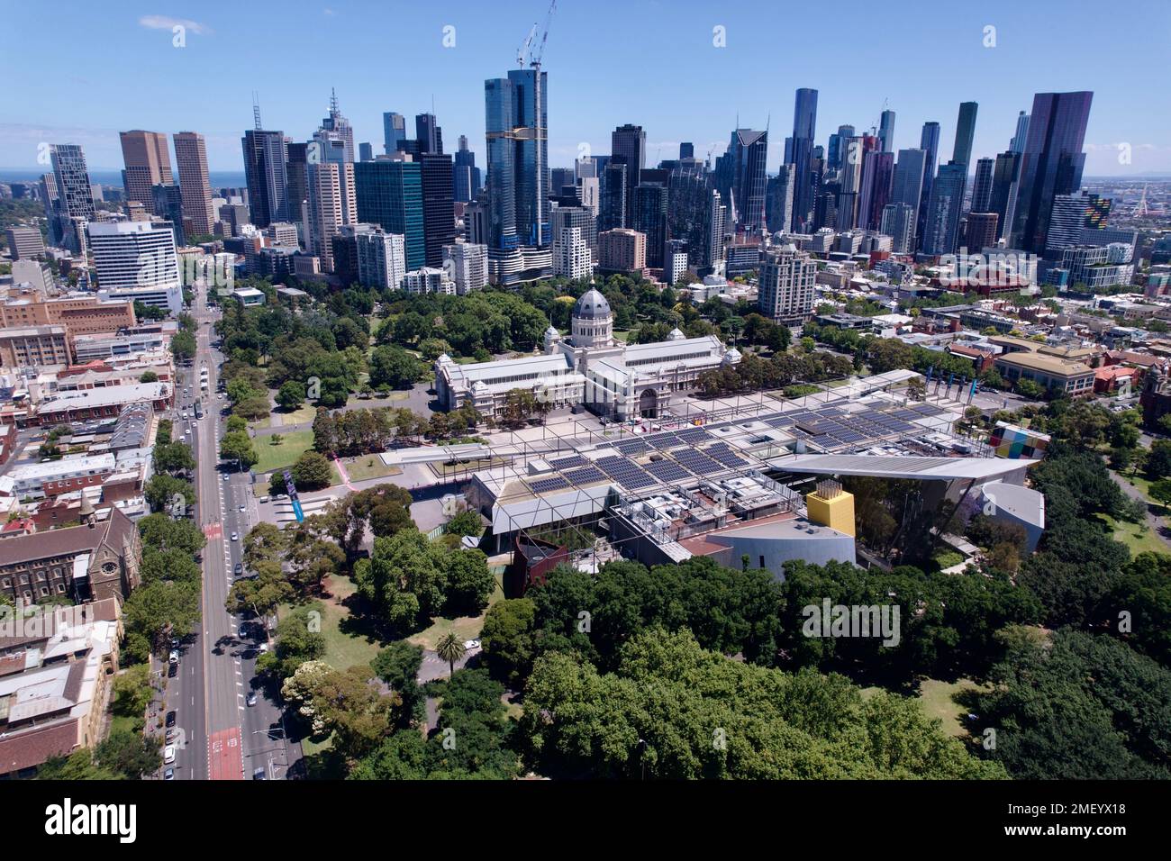 An aerial view of the Melbourne skyline with the iconic Royal ...