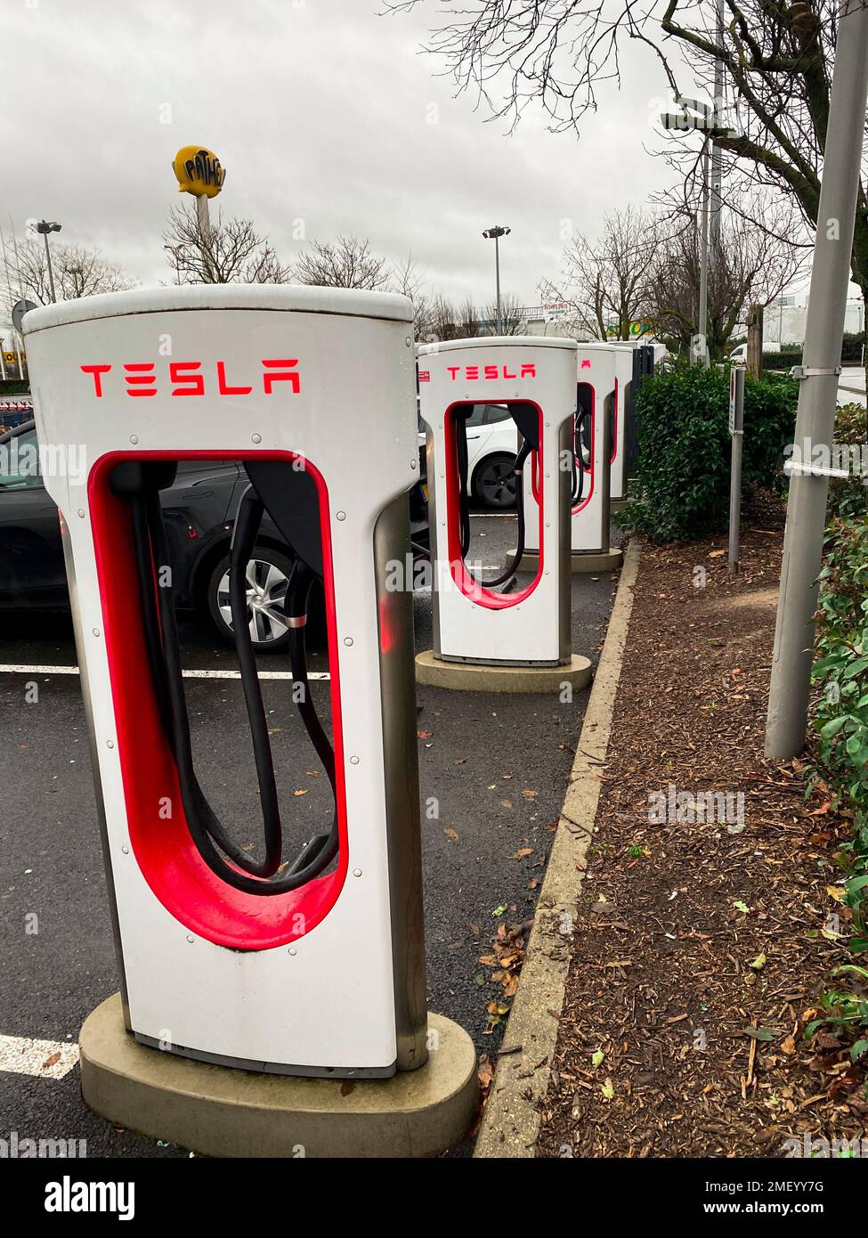 Thiais, France December 23. 2022. Tesla car charging station. Electric ...