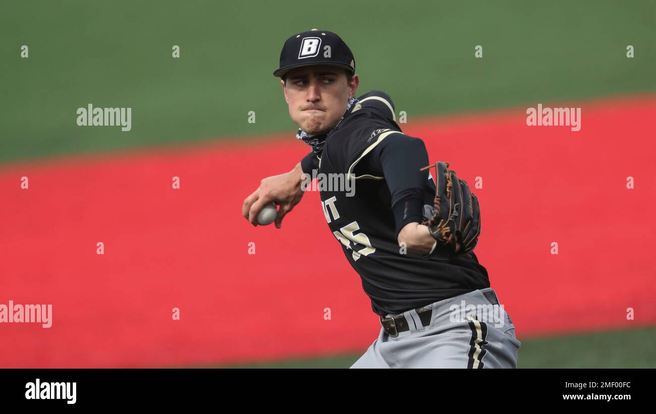 Bryant pitcher John MacDonald (35) throws runs during an NCAA baseball ...