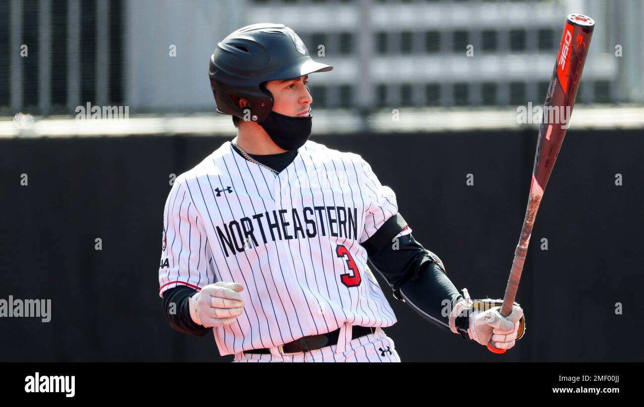Northeastern infielder Max Viera (3) bats during an NCAA baseball game ...