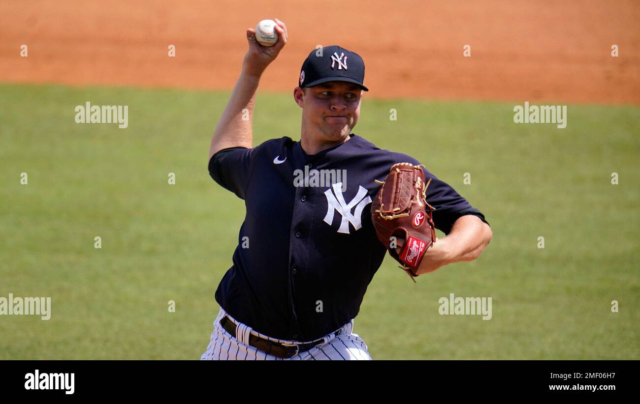 New York Yankees starting pitcher Michael King delivers during a spring ...