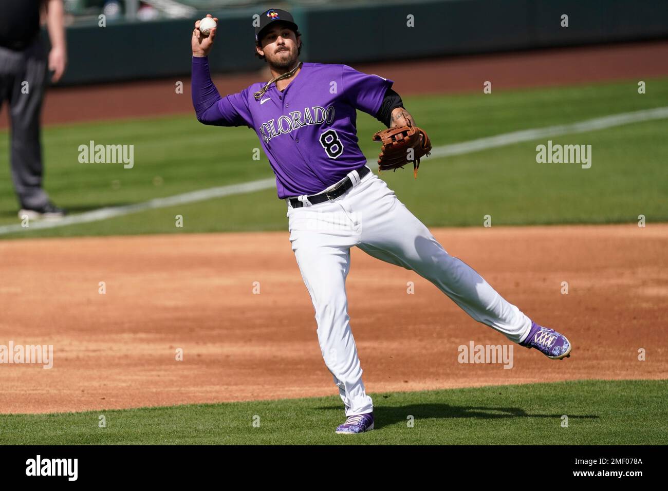 Colorado Rockies third baseman Josh Fuentes (8) fields a grounder hit ...