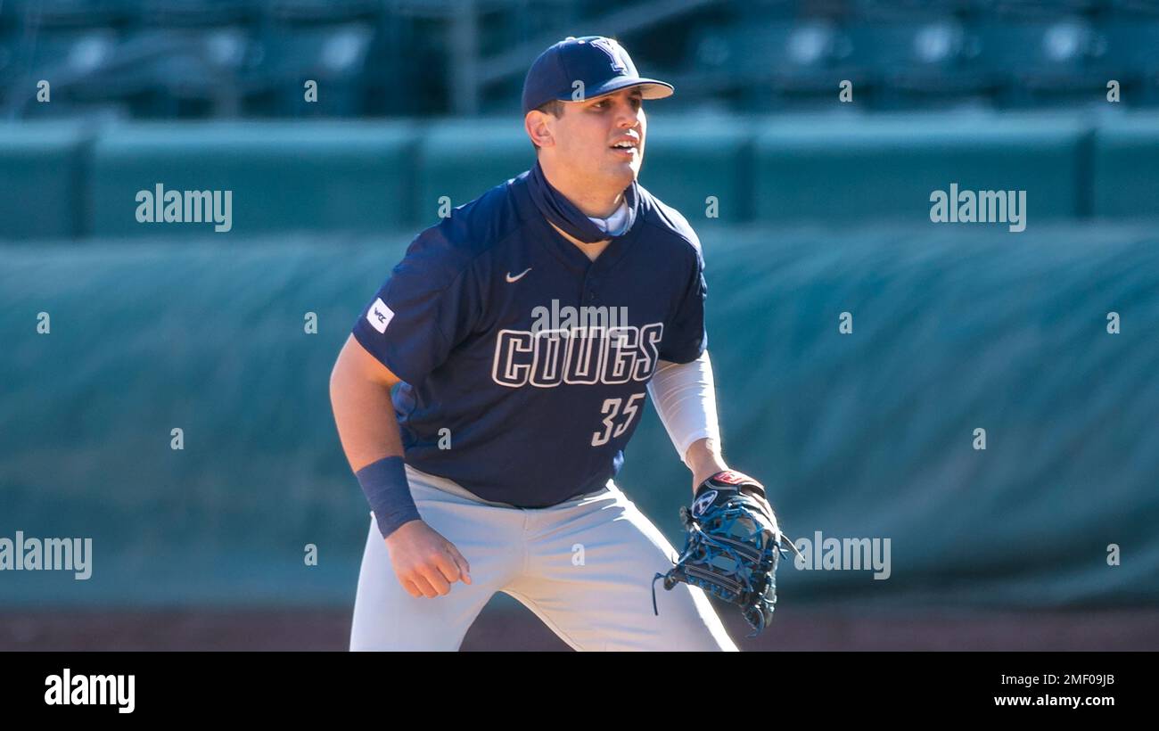 Brigham Young University Jacob Wilk (35) covers first base during an ...