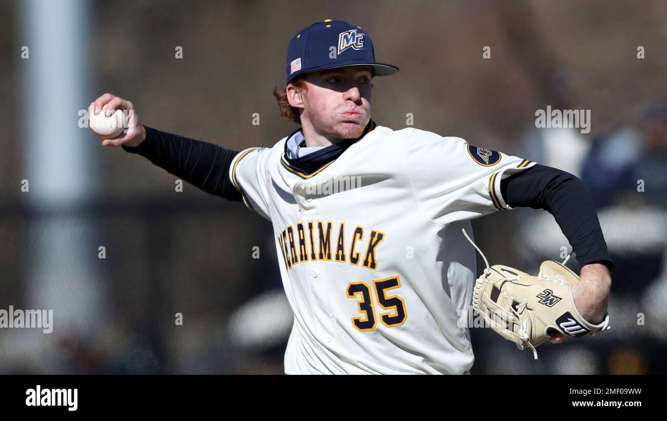 Merrimack pitcher Tiernan Lynch (35) throws during an NCAA baseball ...