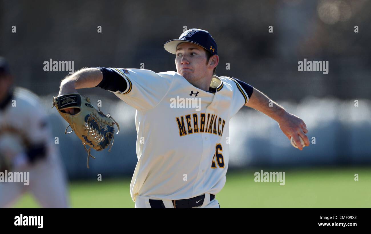 Merrimack pitcher Jack Collins (26) throws during an NCAA baseball game ...